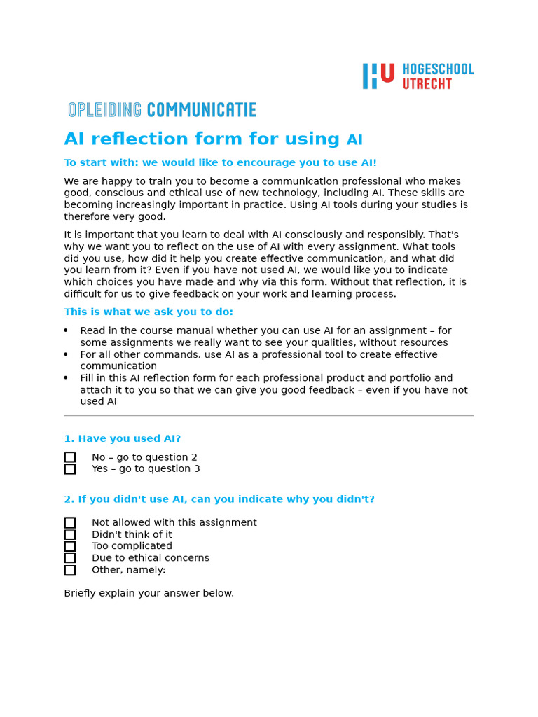 AI Reflection Form for Using AI | PDF | Artificial Intelligence ...