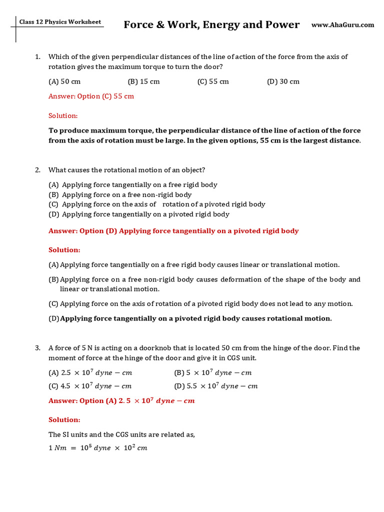 STD 10 ICSE Force & Work, Energy and Power Worksheet | PDF | Force | Torque