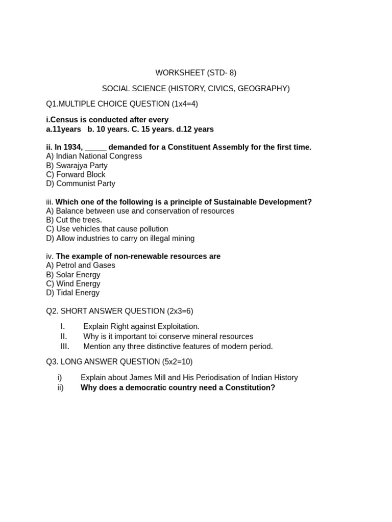 8th Grade Social Science Worksheet | PDF