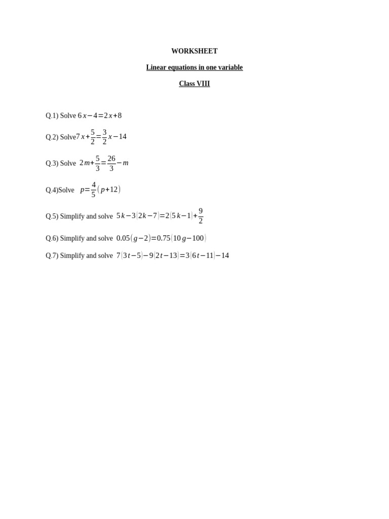 Class 8 Linear Equations in One Variable Worksheet | PDF