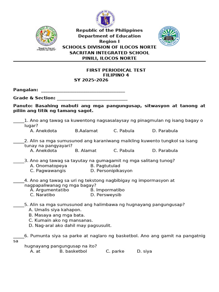 1st Periodical Test-Filipino 4 - 012627 | PDF