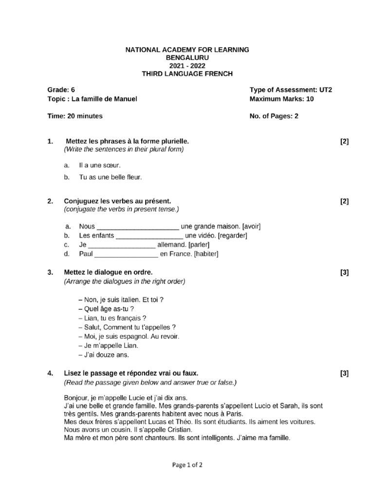 Grade 6 UT2 French Third Language | PDF