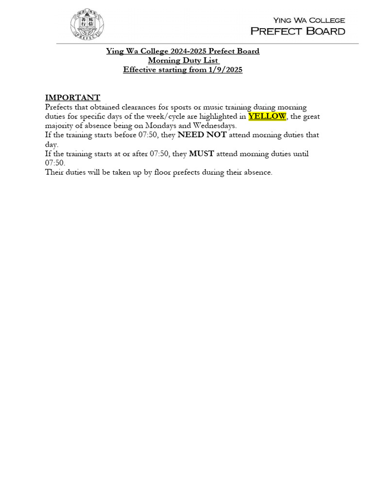 Prefect Morning Duty 1-9-25 V3 | PDF | Hong Kong