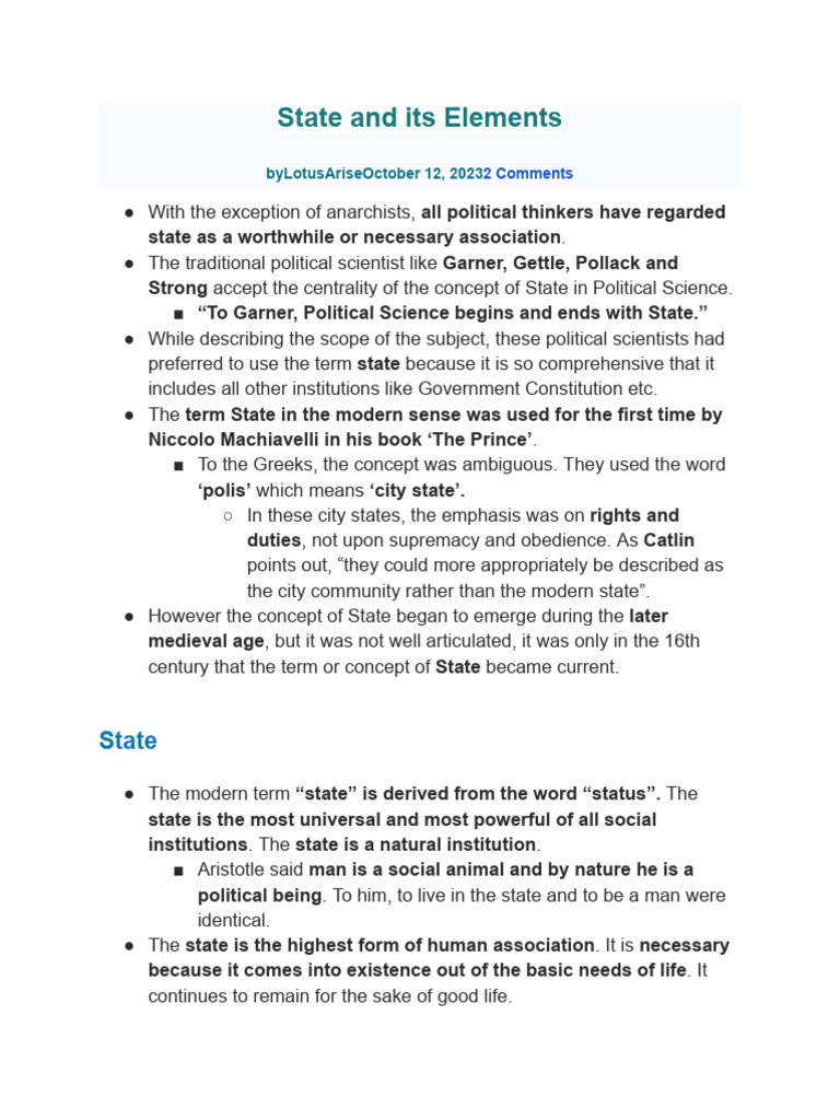 State and Its Elements Notes 1 | PDF | Sovereignty