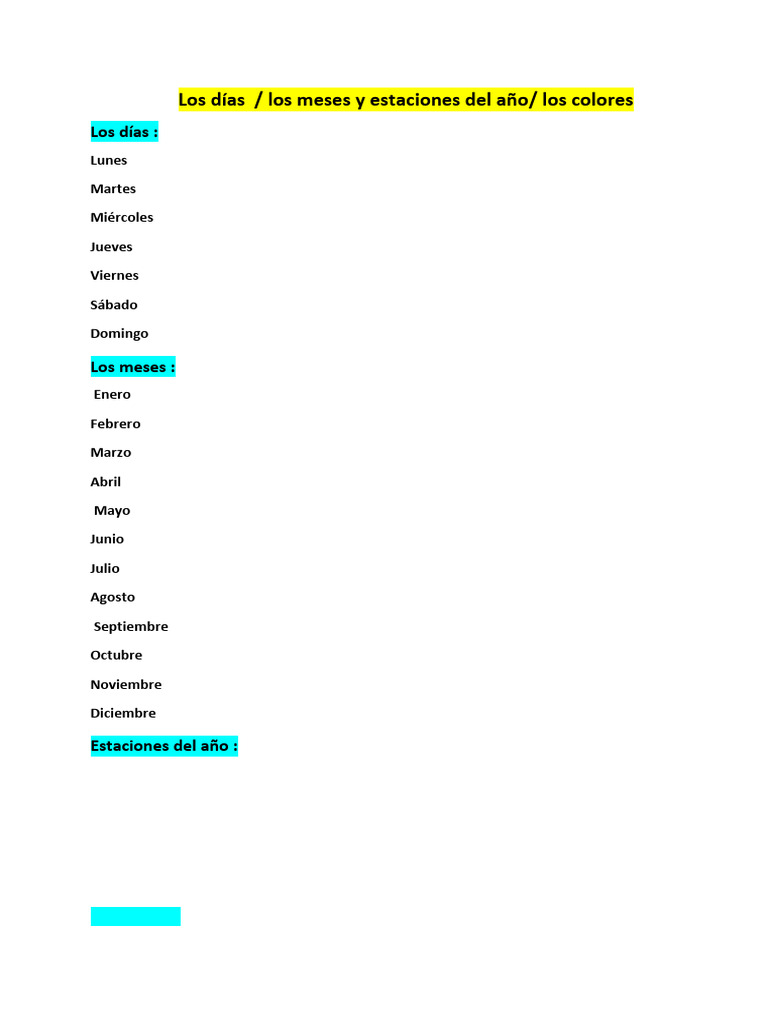 3) Los Días Los Meses y Estaciones Del Año Los Colores | PDF