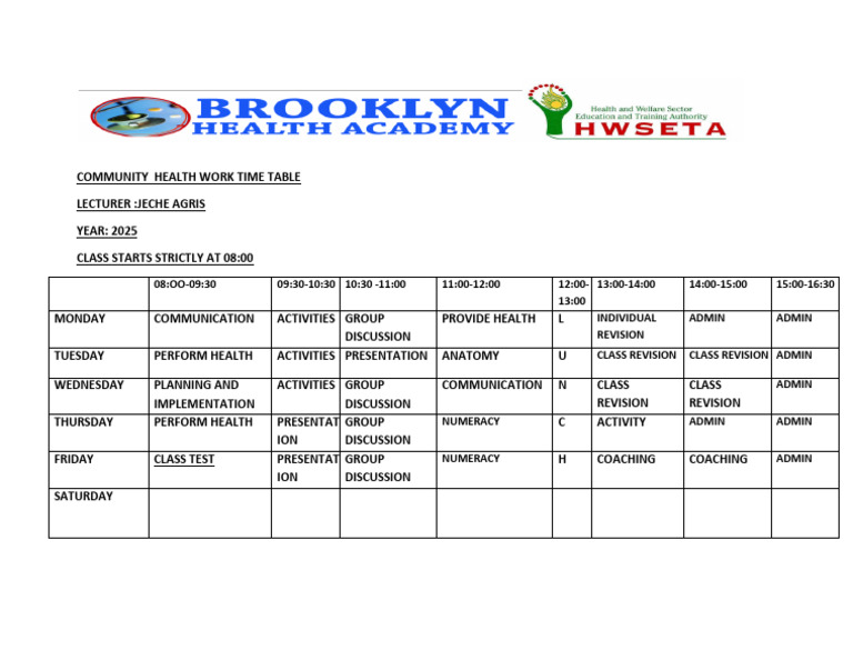 Community Health Work Timetable 2025 | PDF