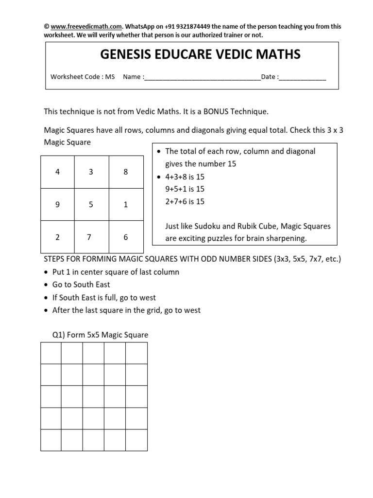 Vedic Math Worksheet 10 - Magic Squares | PDF