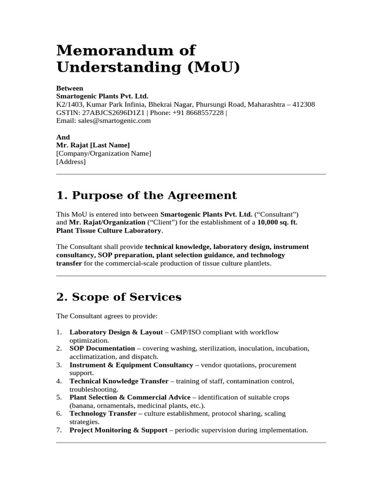 MoU for Plant Tissue Culture Lab Setup | PDF | Arbitration