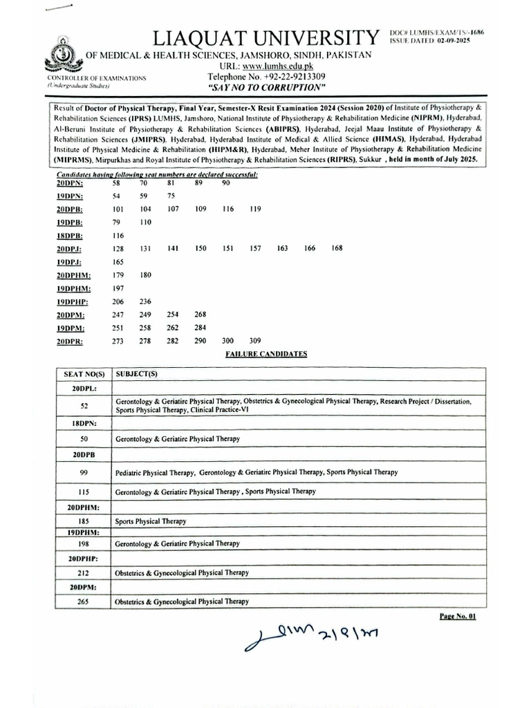 DPT Semester 10TH Resit Result. | PDF