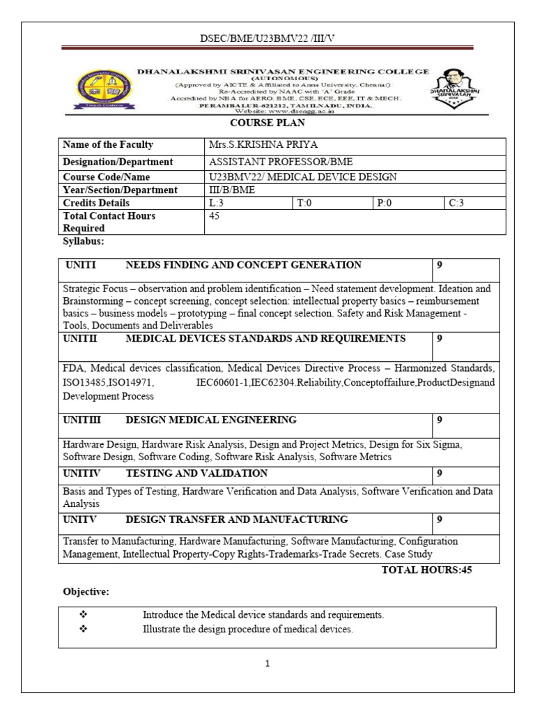 Medical Device Design Course Plan | PDF | Medical Device | Verification ...