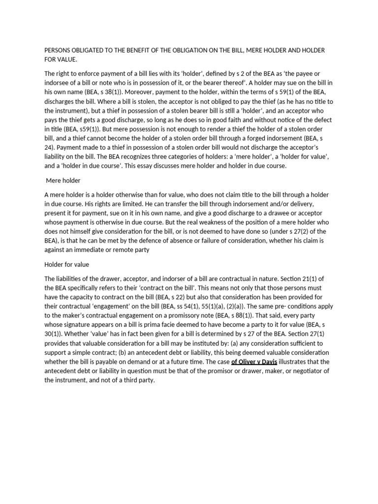 Persons Obligated To The Benefit of The Obligation On The Bill | PDF ...