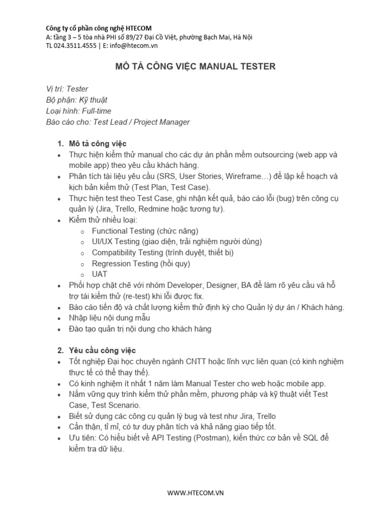 Mo Ta Cong Viec Tester Manual - HTECOM Technology | PDF