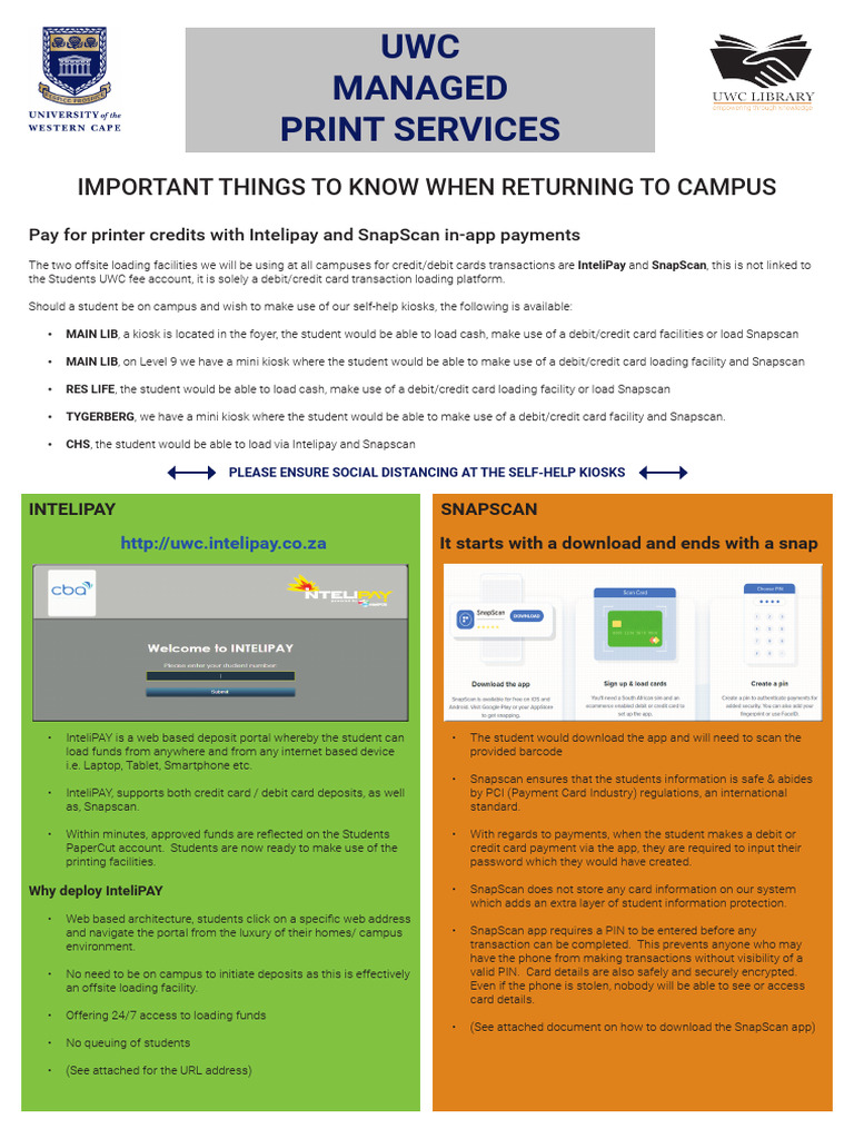 UWC Print Services: Intelipay & SnapScan | PDF | Debit Card | Credit Card