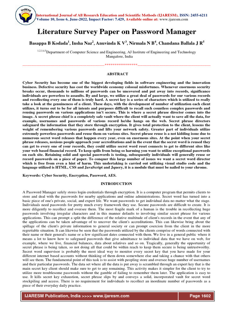 Literature Survey Paper On Password Mana | PDF | Password | User (Computing)