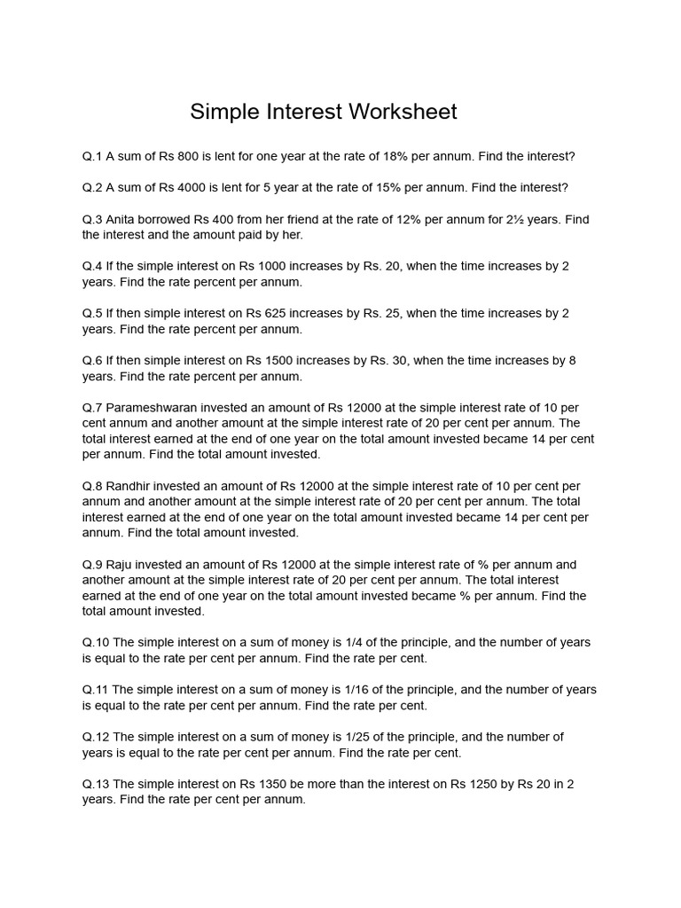 Simple Interest Worksheet | PDF | Interest | Percentage