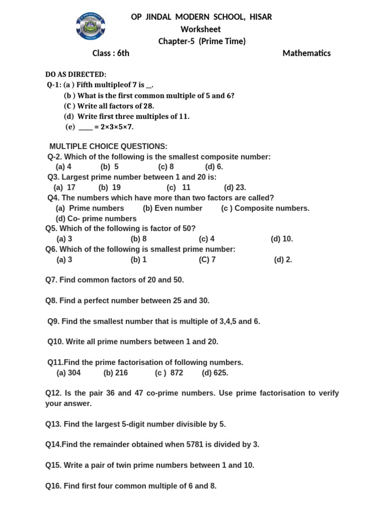 6th Math Worksheet - Prime Time | PDF