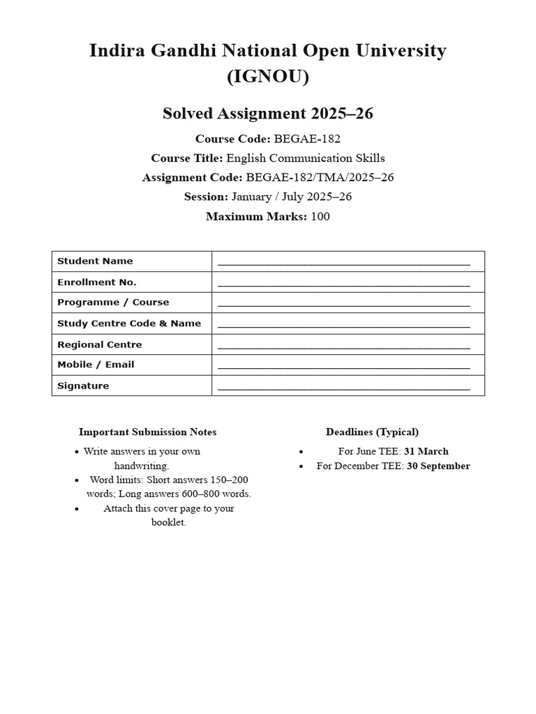 Ignou Begae-182 Solved Assignment 2025 26 | PDF | Nonverbal ...