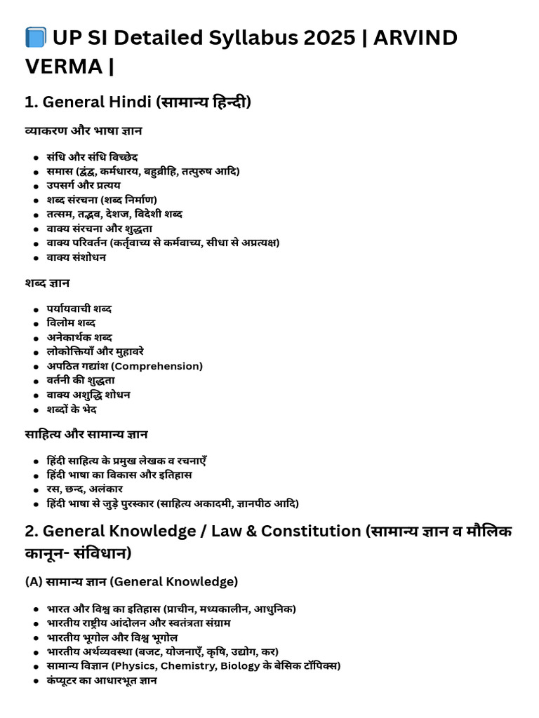 ? UP SI Detailed Syllabus 2025 | PDF