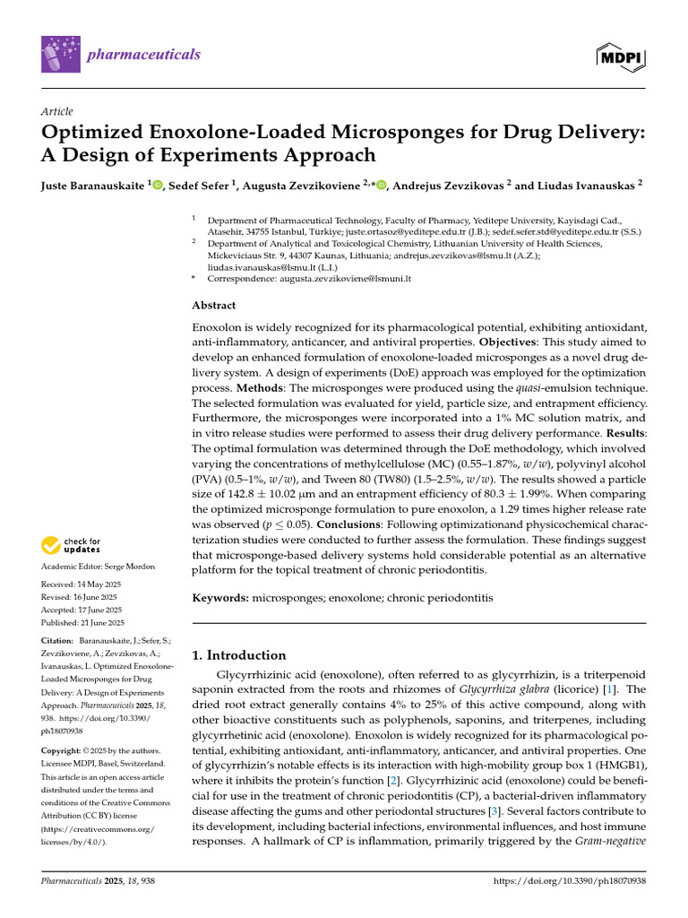 Enoxolone Microsponges for Drug Delivery | PDF | High Performance ...