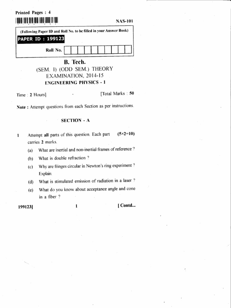 Btech 1 Sem Engineering Physics 1 Nas 101 2015 | PDF | Diffraction | Physics