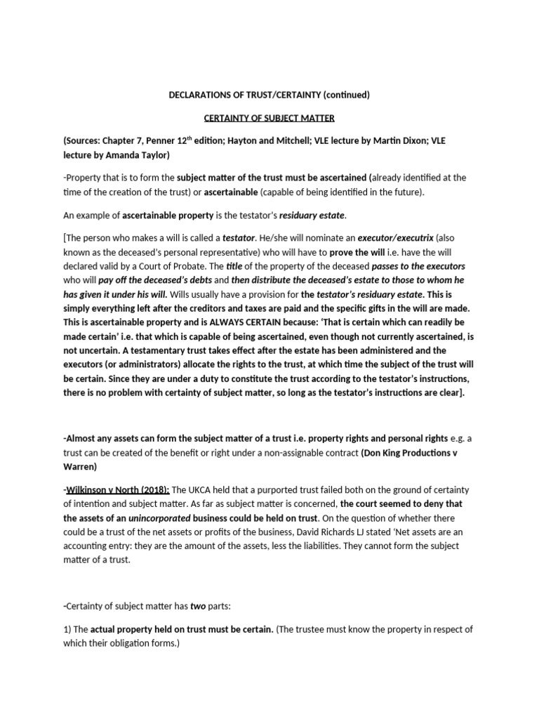 Certainty of Subject Matter Updated Note For Students | PDF | Will And ...