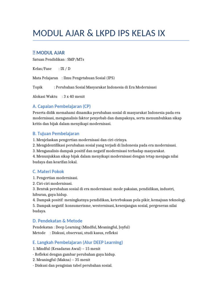 Modul Ajar LKPD Peran Sosial Modernisasi | PDF