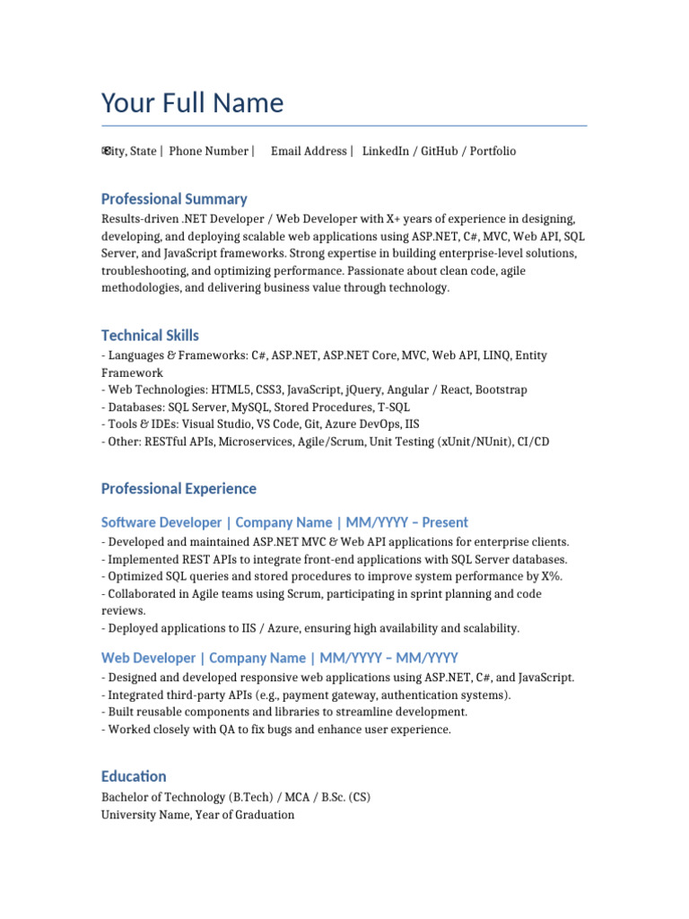 .NET Developer Resume Overview | PDF | Microsoft Sql Server | Software ...