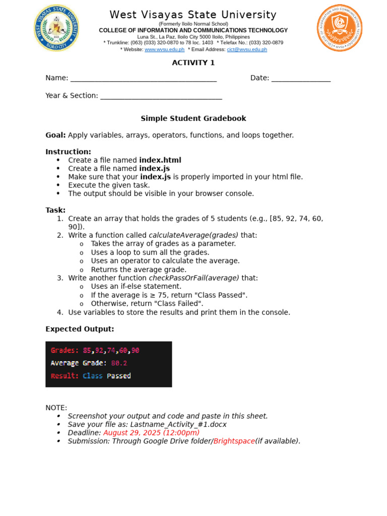 Student Gradebook JavaScript Activity | PDF