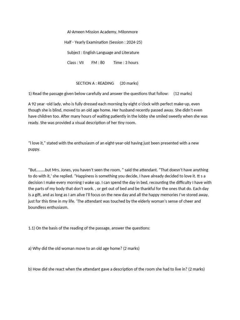 Half-Yearly English Class VII (24-25) | PDF | Eye | Linguistics