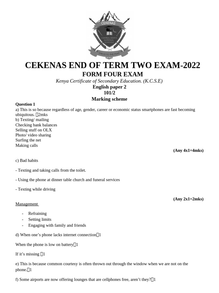 English Paper 2 Marking Scheme Form 4 | PDF