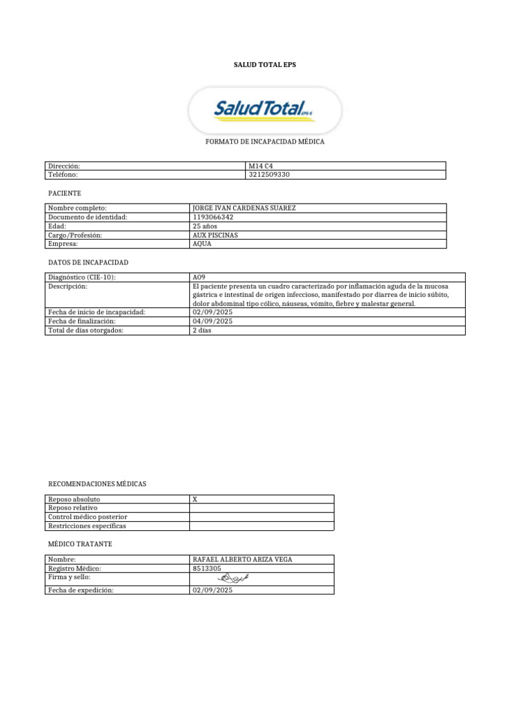 Formato Incapacidad SaludTotal Formal | PDF
