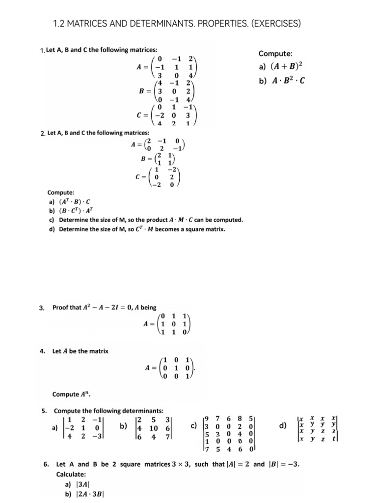 Exercises 1.2 Matrices and Determinants. Properties. | PDF
