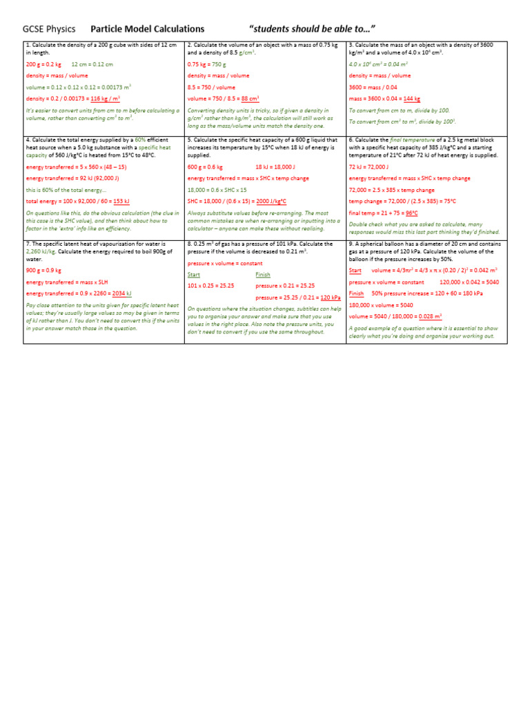 Particle Model Calculations Answer Sheet | PDF | Density | Heat Capacity