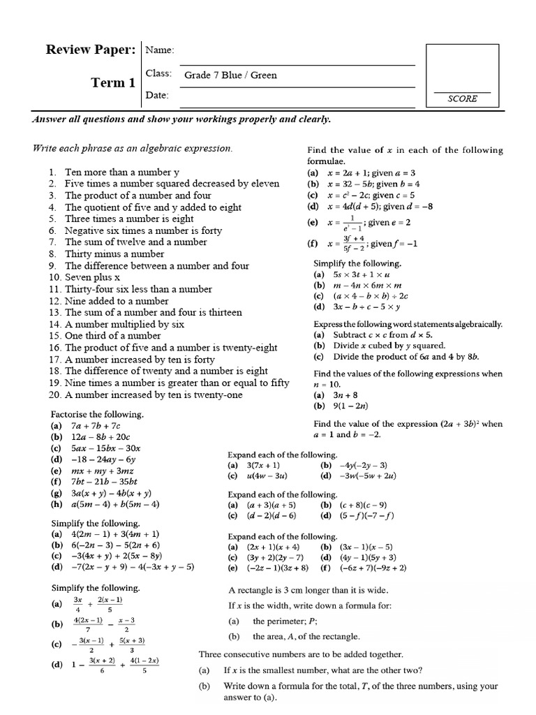Algebraic Expressions and Inequalities Guide | PDF | Numbers | Length