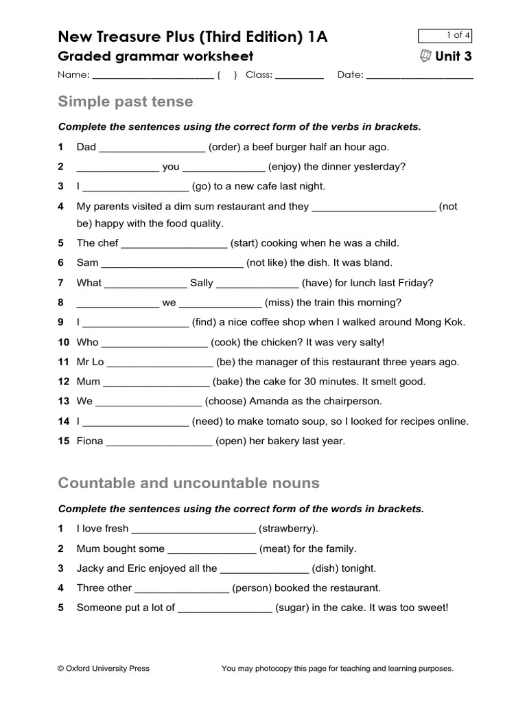 Grammar Worksheet: Simple Past & Nouns | PDF | Foods | Cuisine