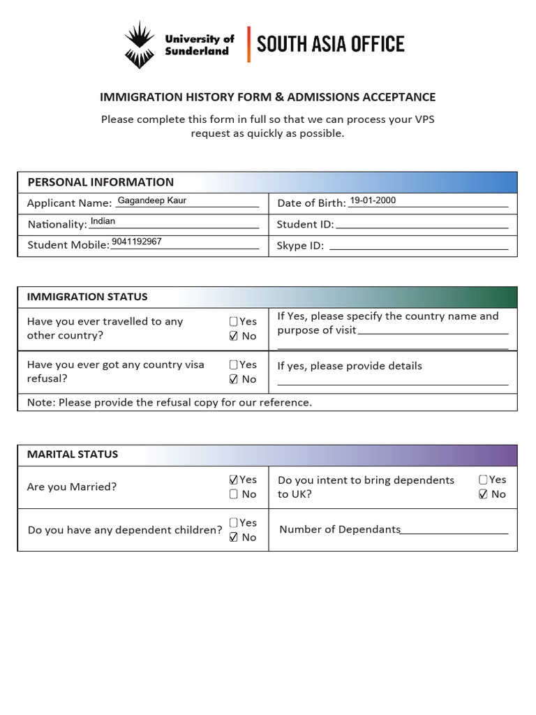 Immigration History Form Submission | PDF