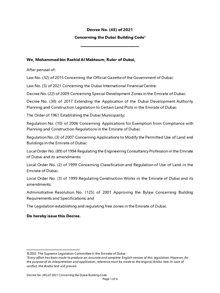 Decree No. (45) of 2021 Concerning the Dubai Building Code | PDF ...