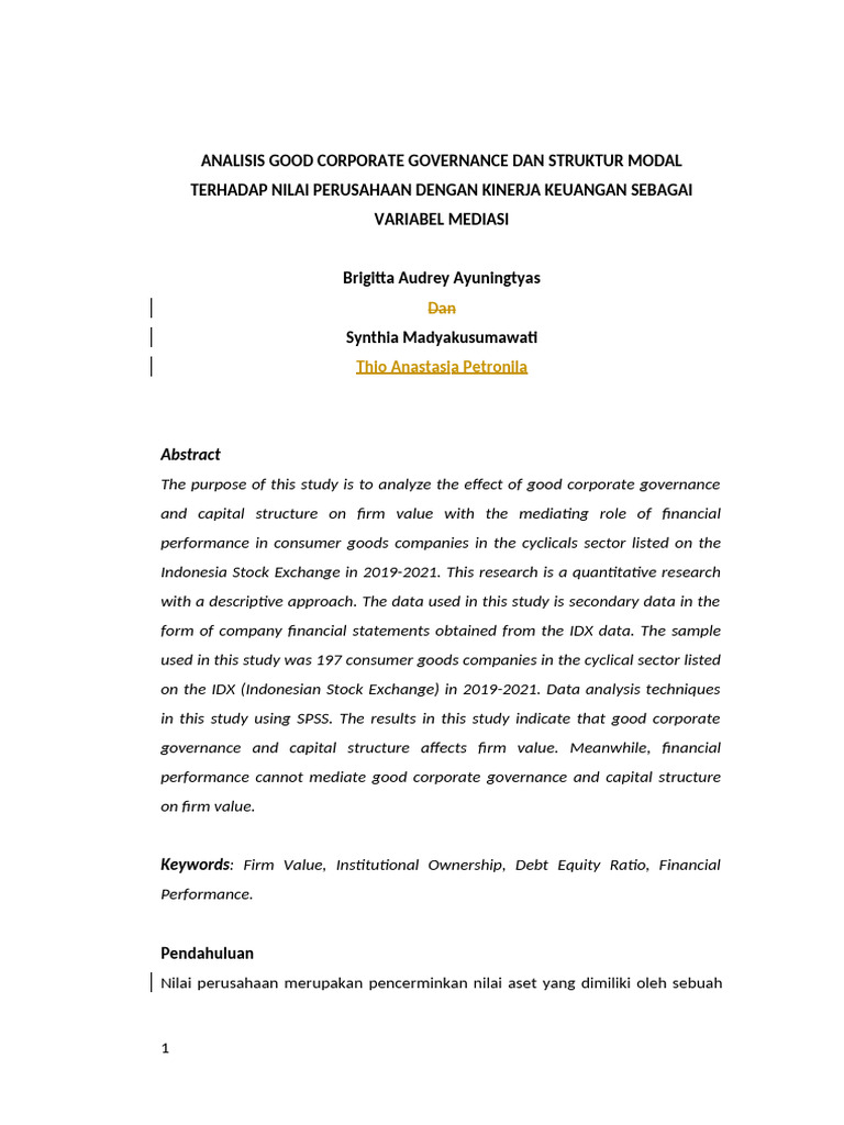 Analisis Good Corporate Governance Dan Struktur Modal Terhadap Nilai Perusahaan Dengan Kinerja ...