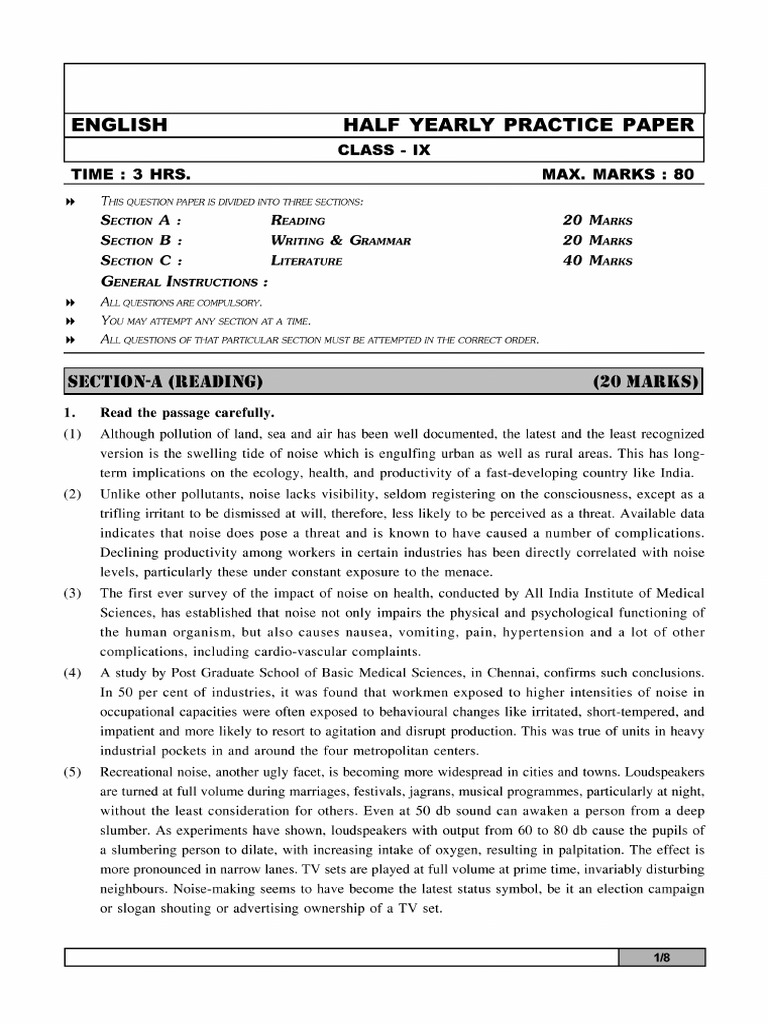English Sample Paper 1 (Class IX) | PDF