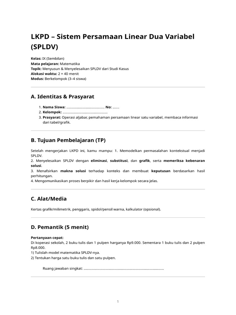 Lkpd Spldv Kelas 9 – Berbasis Studi Kasus (kantin & Koperasi Sekolah) | PDF