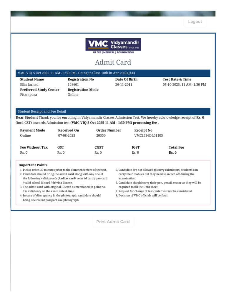 VMC Scholarship Test | PDF