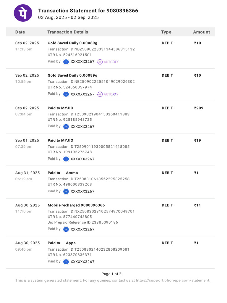 PhonePe Statement Aug2025 Sep2025 | PDF | Debit Card | Payments