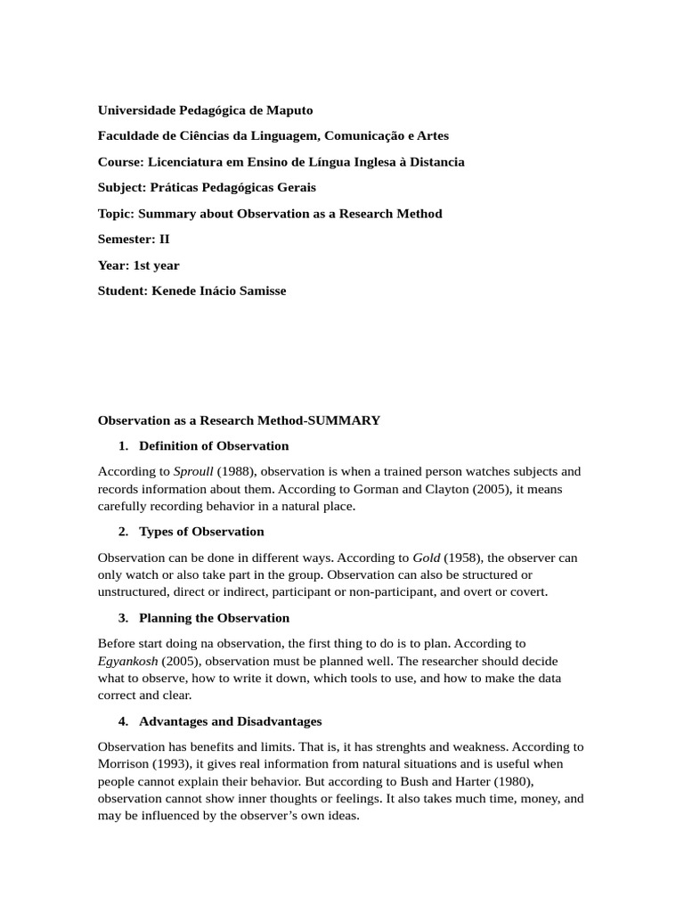 Observation as a Research Method Summary | PDF
