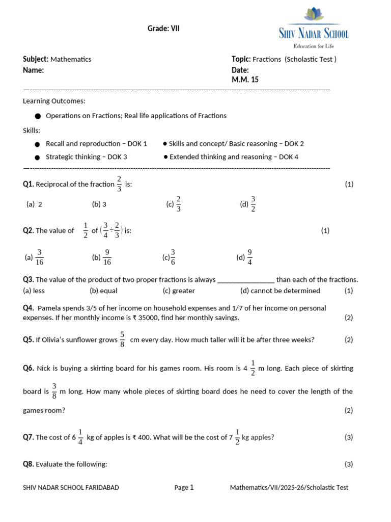 Grade VII Mathematics: Fractions Test | PDF
