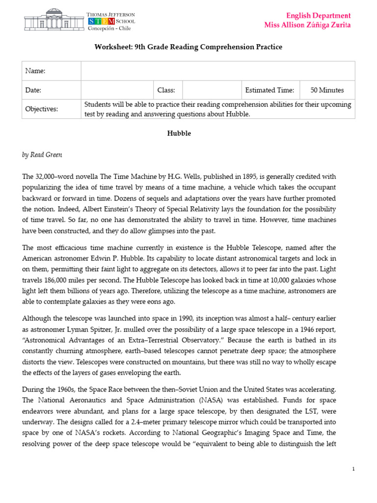 Hubble Reading Comprehension Worksheet | PDF | Hubble Space Telescope ...