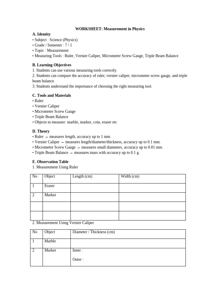 Measurement Worksheet | PDF