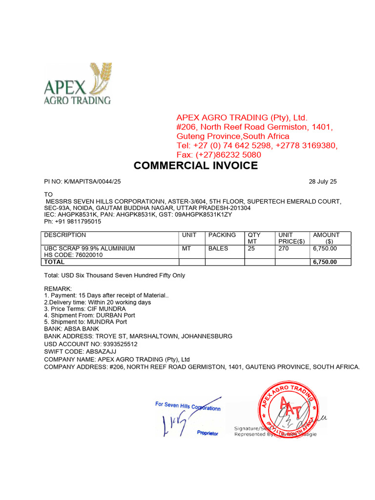 Commercial Invoice and Packing List for Aluminium Scrap | PDF ...