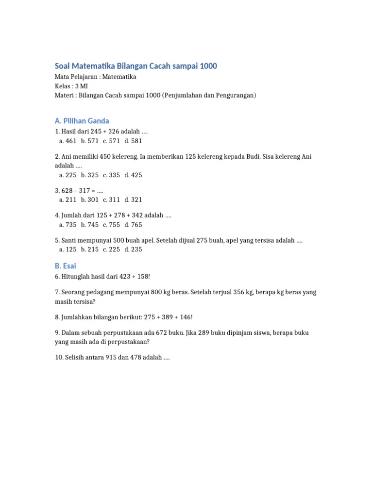 Soal Matematika Bilangan Cacah 1000 | PDF
