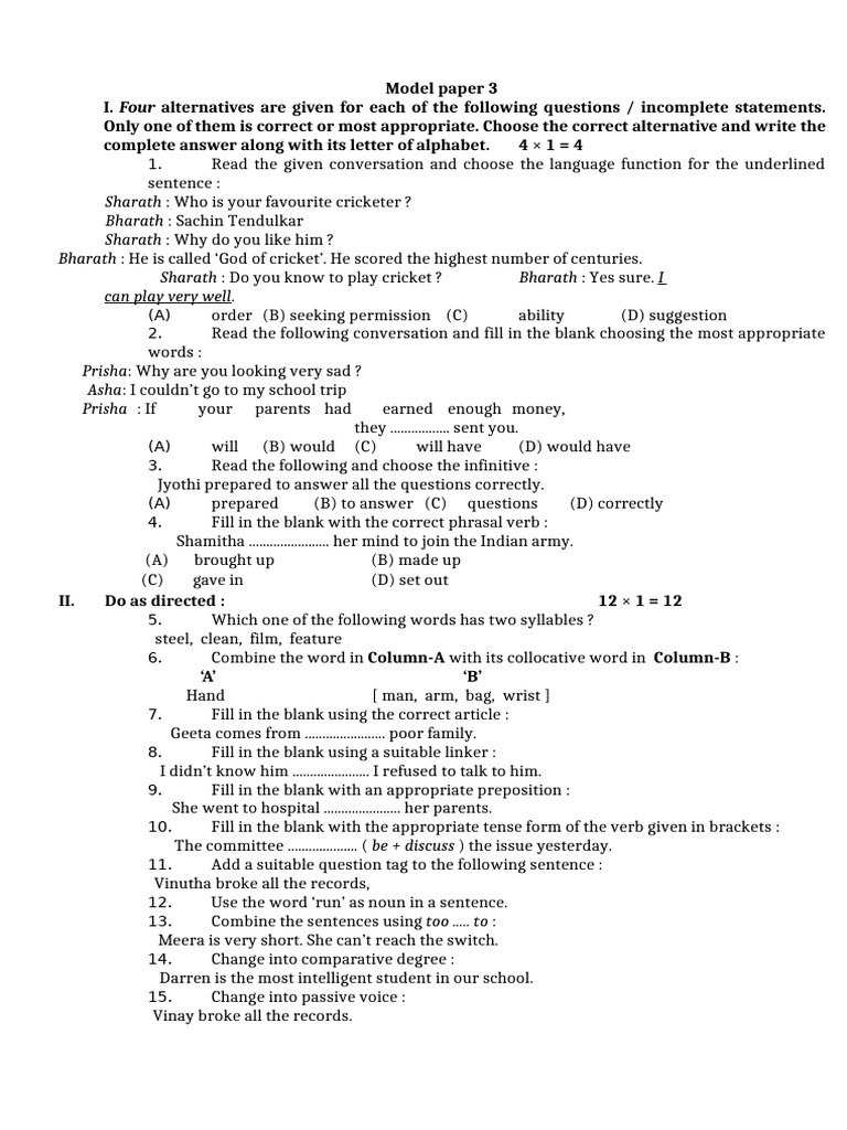 10th STD SL English Model Question Paper 2024-25 | PDF | Verb | Grammar