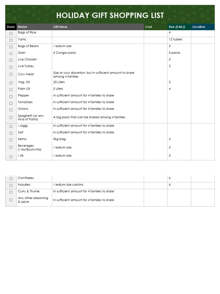 Holiday Grocery Shopping List | PDF